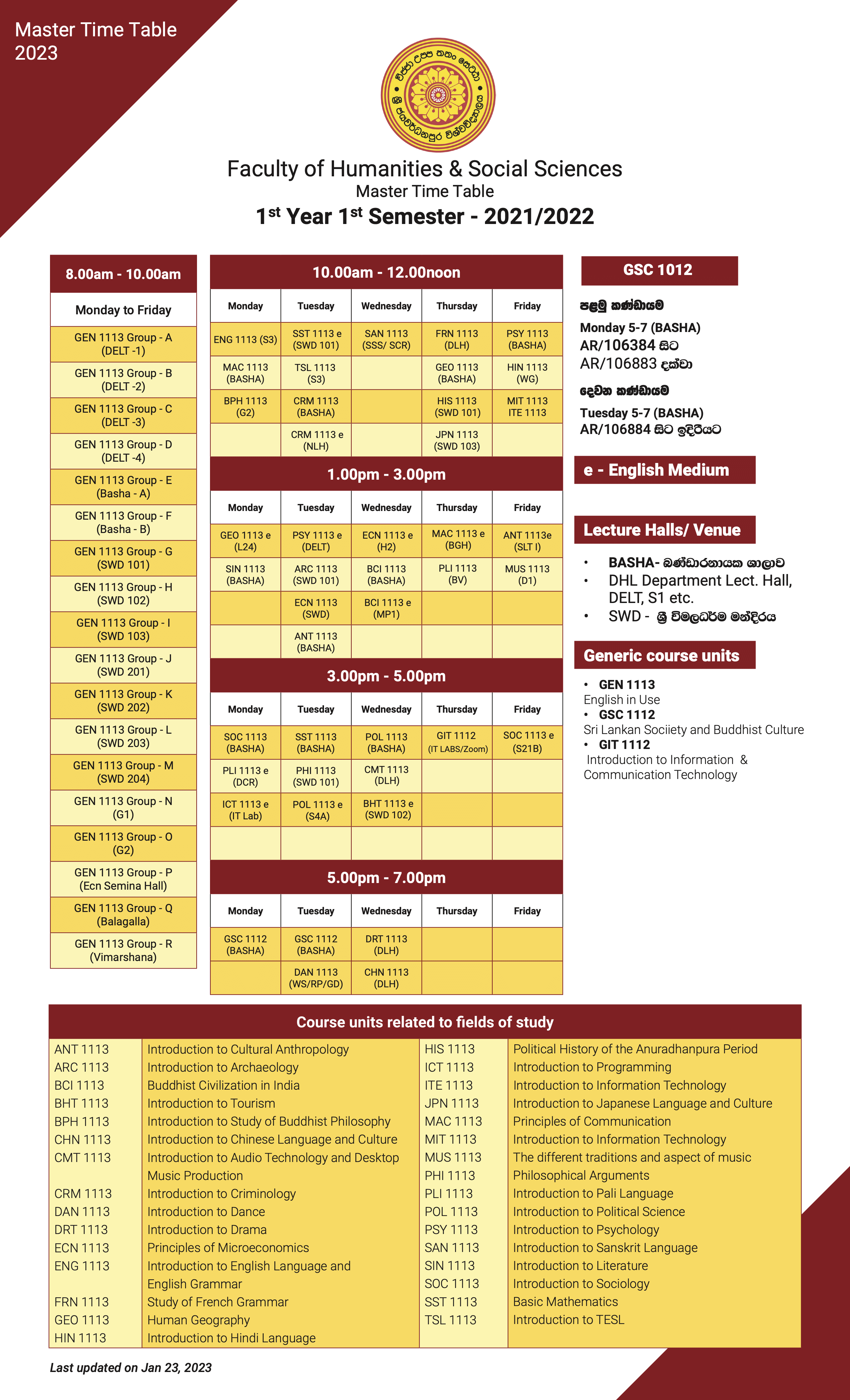 LMS - University of Sri Jayewardenepura: First Year Timetable - Amended